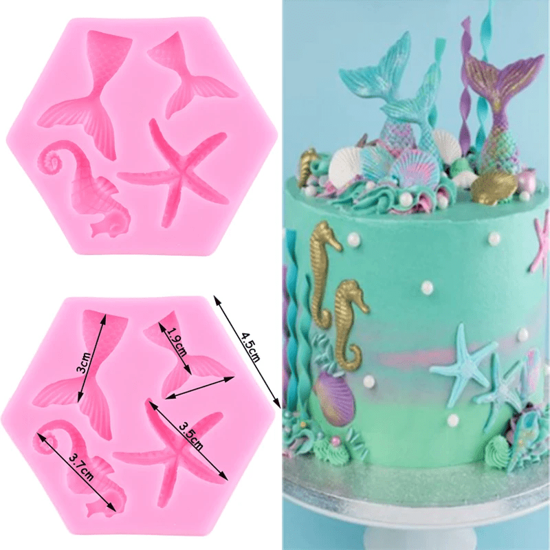 4 Cavity Ocean Theme Silicone Mold - Mermaid Tails/ Starfish/ Seahorse ...